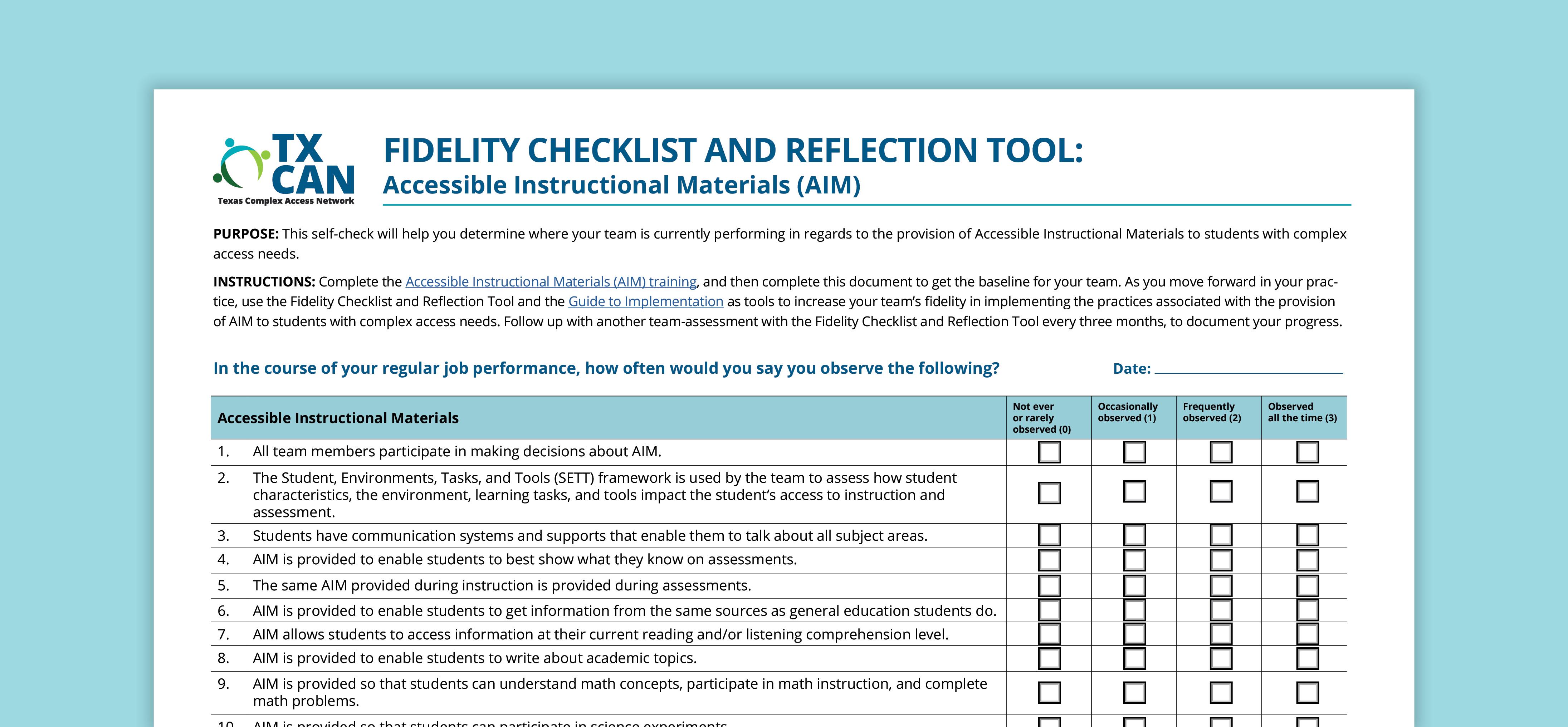 Fidelity Checklist and Reflection Tool: Accessible Instructional ...