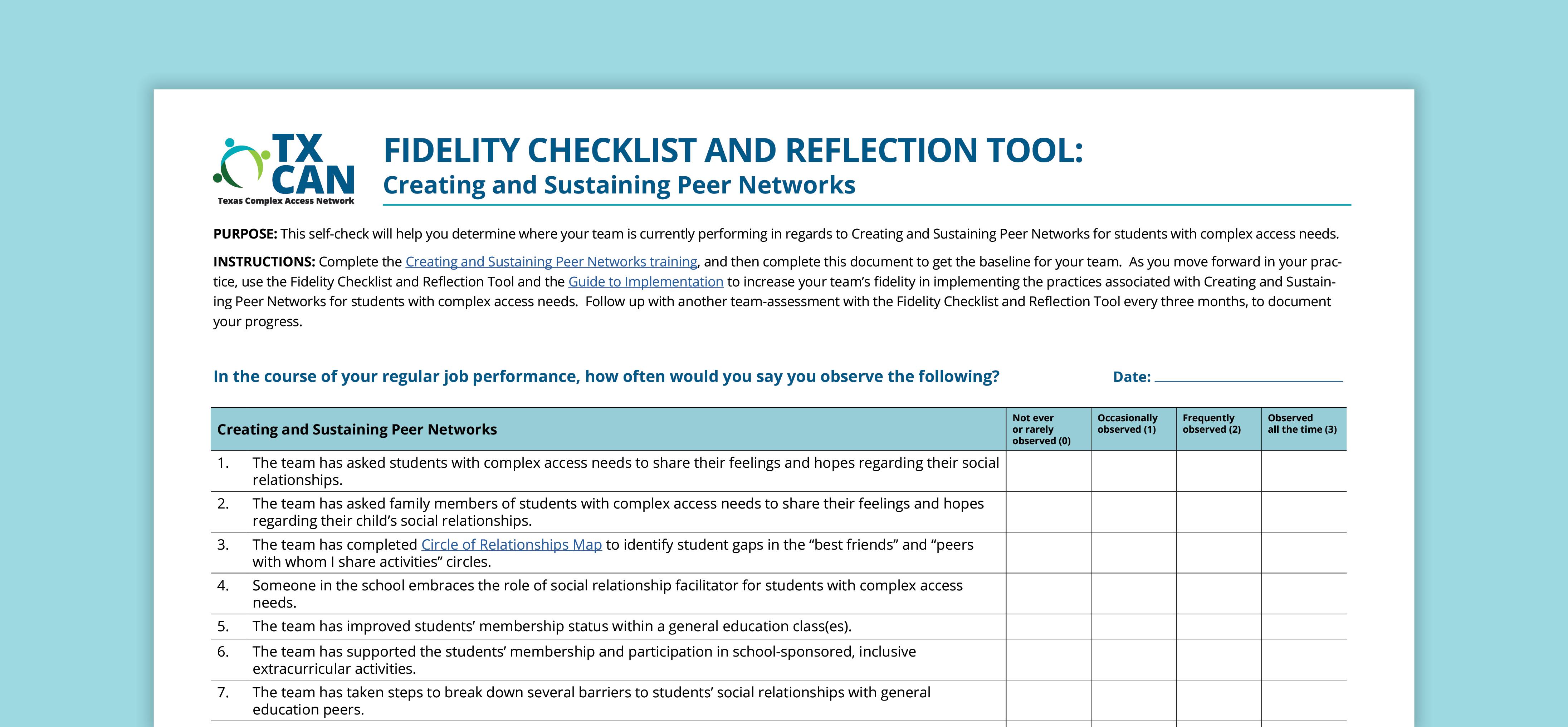 Fidelity Checklist and Reflection Tool: Creating and Sustaining Peer Networks | Texas SPED Support