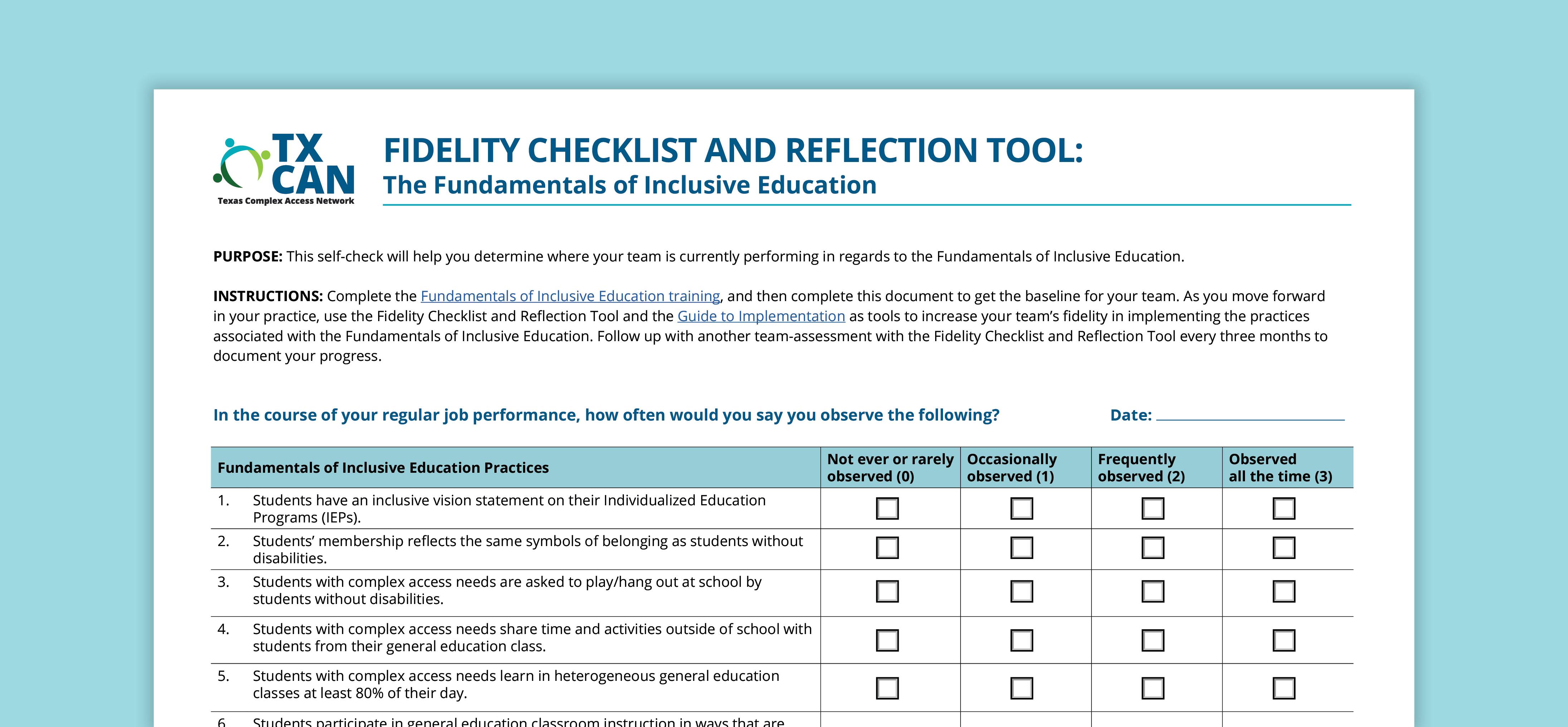 Fidelity Checklist and Reflection Tool: The Fundamentals of Inclusive ...
