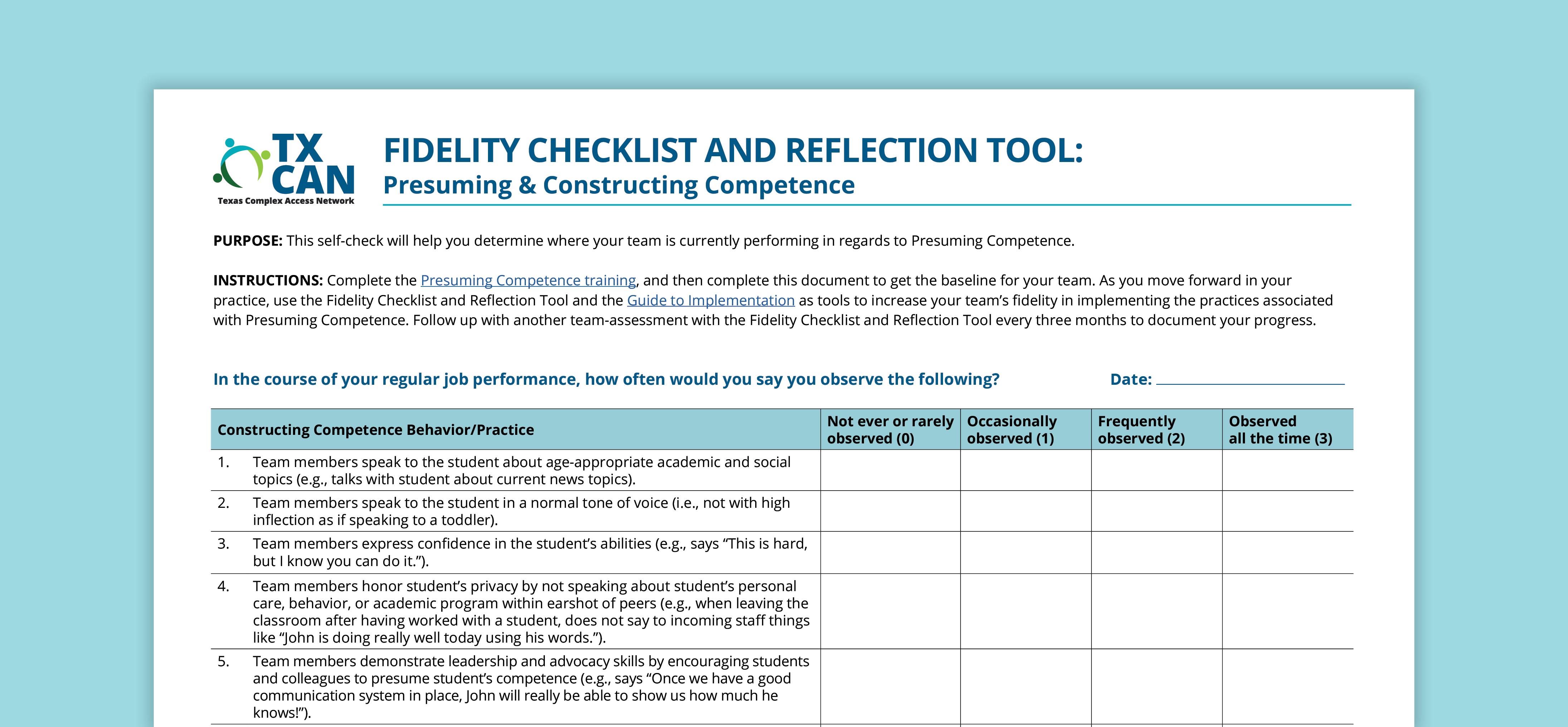 Fidelity Checklist and Reflection Tool: Presuming and Constructing ...