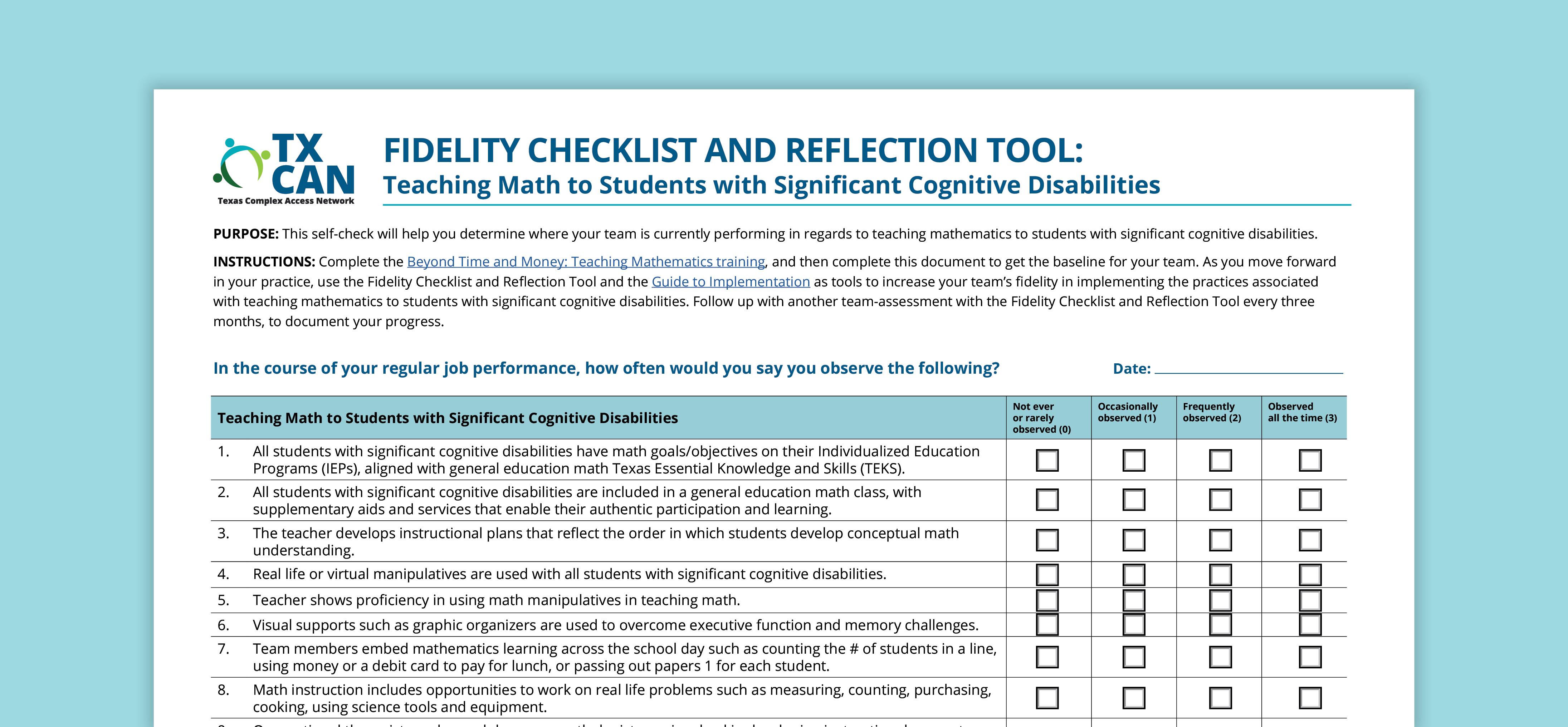 Fidelity Checklist and Reflection Tool: Teaching Math to Students with ... Fidelity Checklist and Reflection Tool: Teaching Math to Students with ...