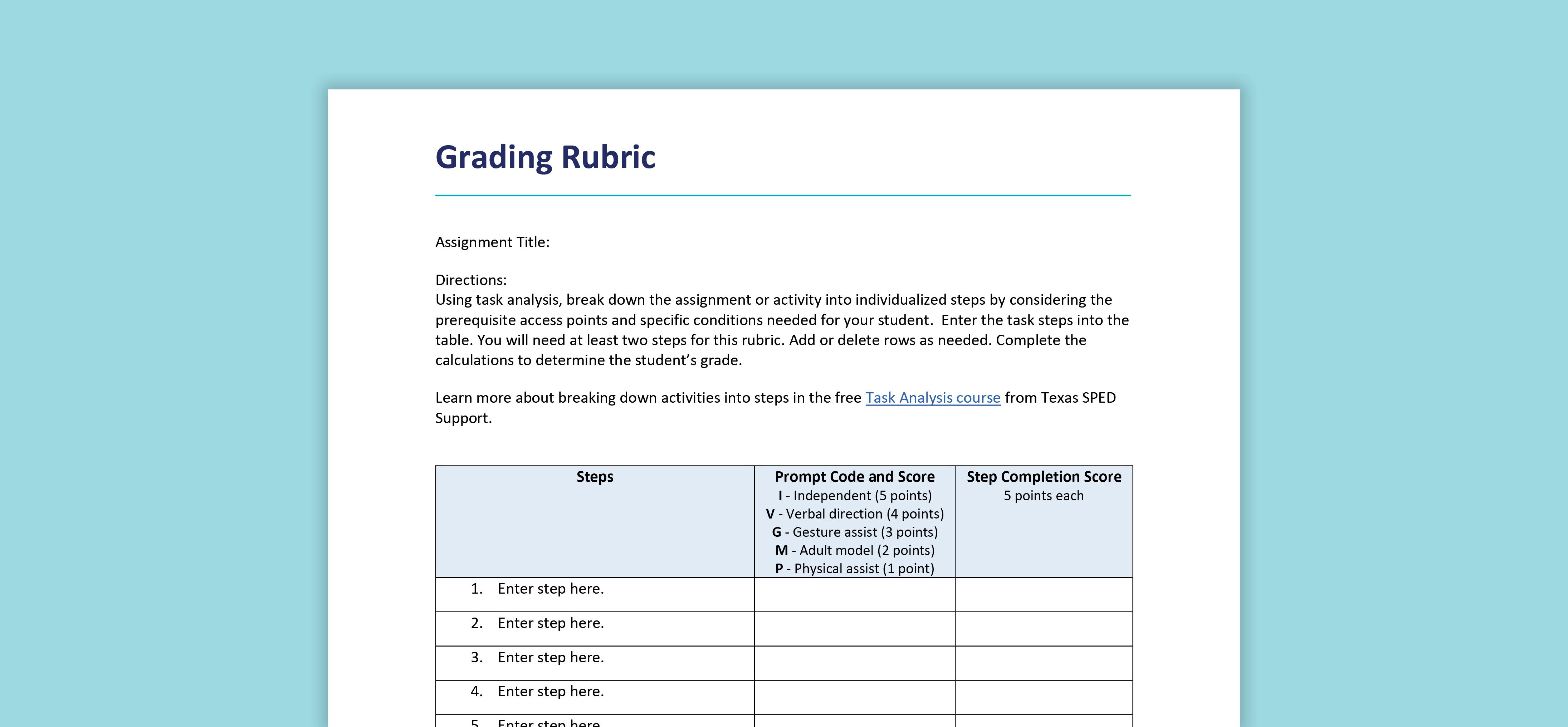 Sample Grading Rubric for Students with Complex Access Needs | Texas SPED Support