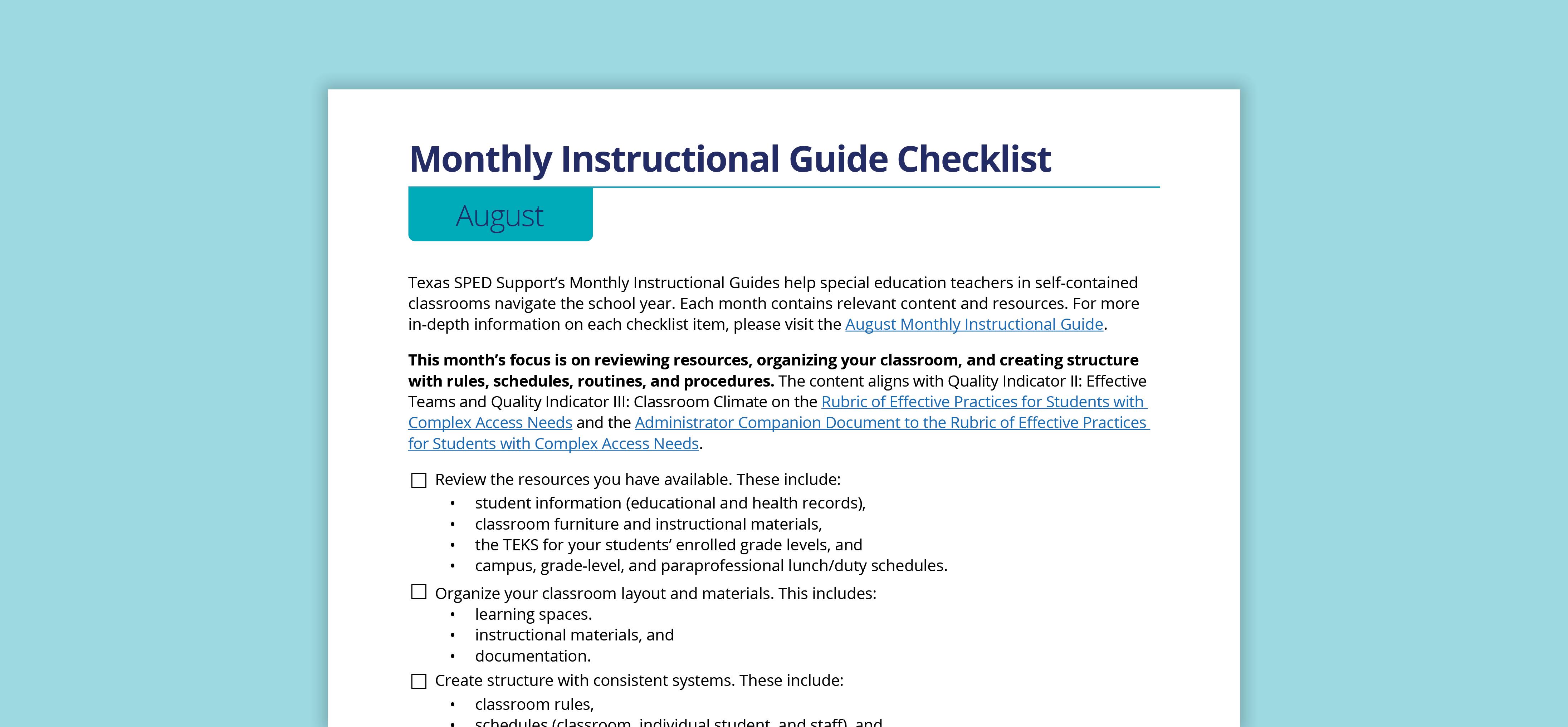 August Monthly Instructional Guide Checklist | Texas SPED Support